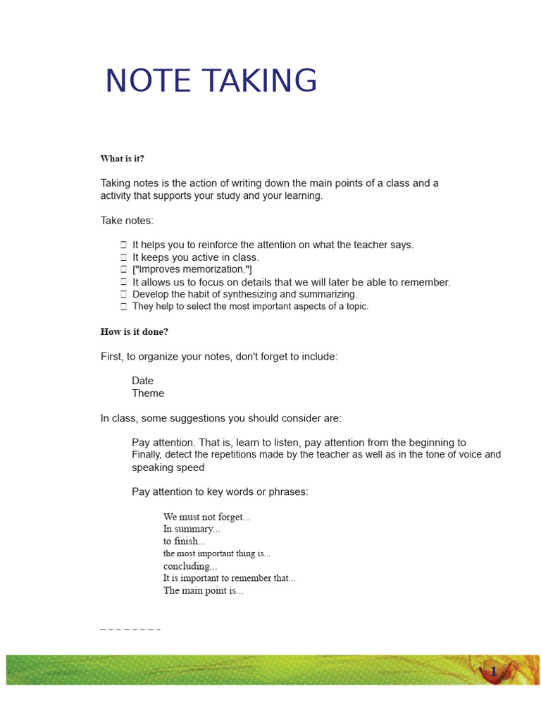 Note Taking Activities STUDENTS | PDF | Cognition | Learning