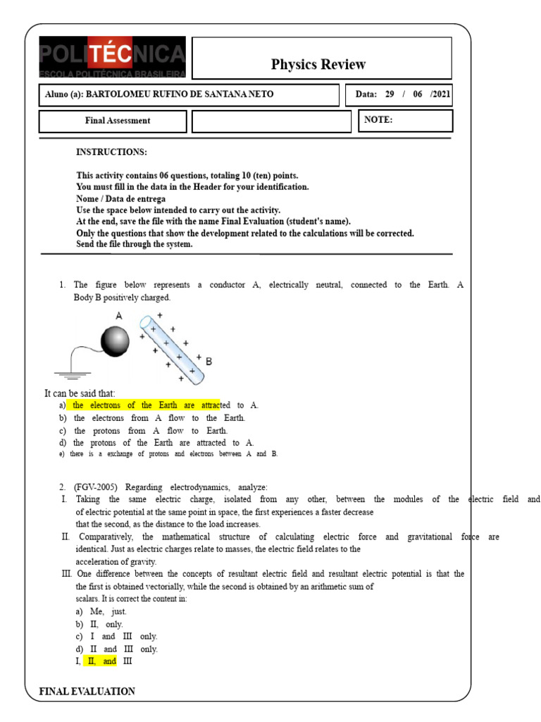 Final Assessment (Physics Review) | PDF | Electric Field | Electron