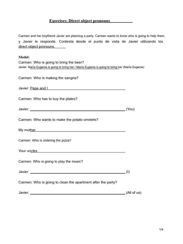 Direct and Indirect Object Pronouns Exercises | PDF | Linguistics | Syntax