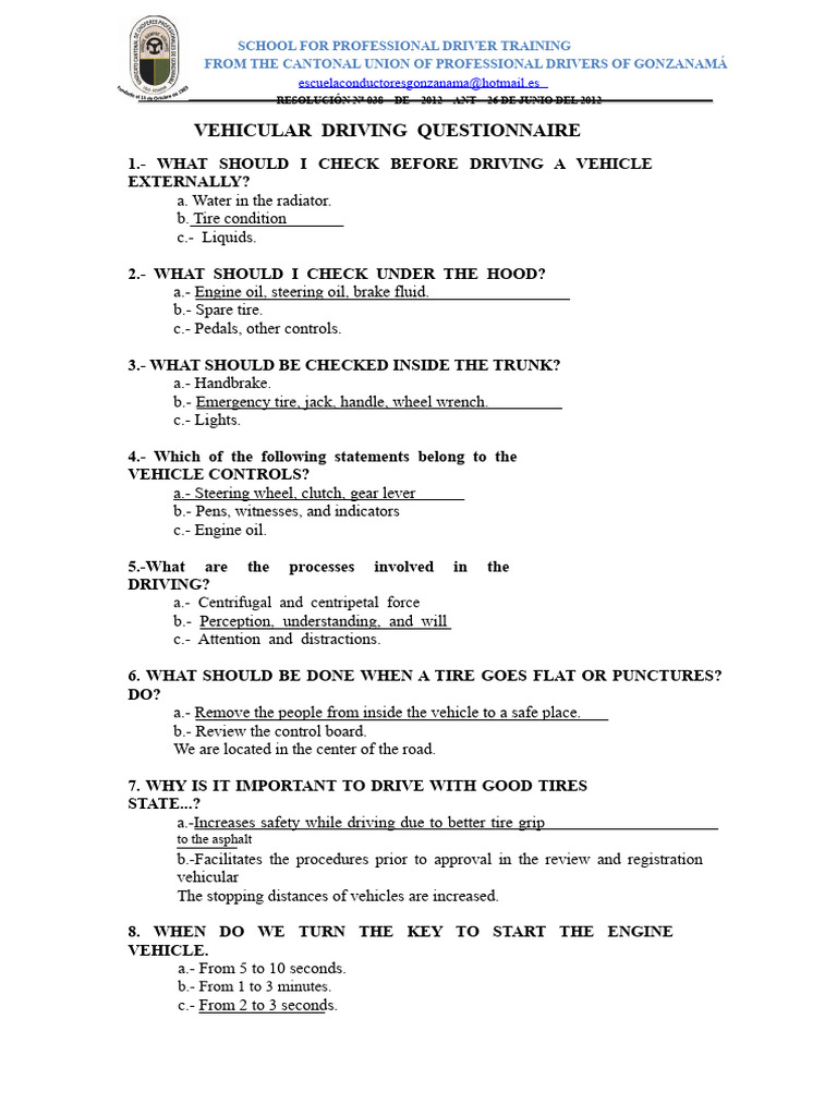 Vehicle Driving Questionnaire | PDF | Traffic | Road