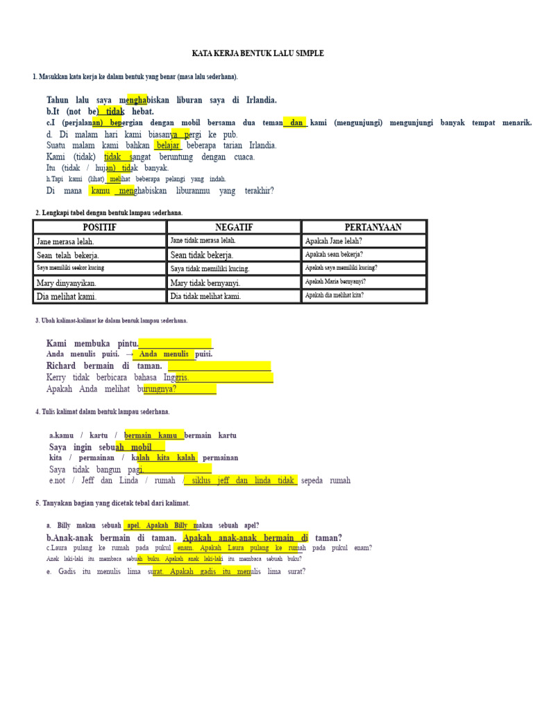Latihan Kata Kerja Bentuk Lalu Simple | PDF