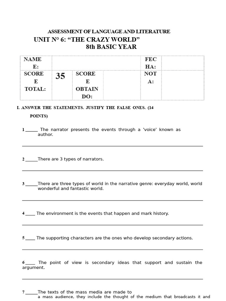 Language and Literature Assessment. Unit 6 | PDF | Narrative | Narration