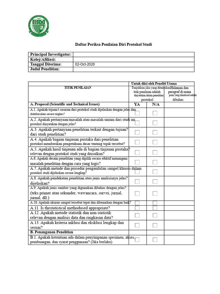 Daftar Periksa Penilaian Diri Protokol Studi Olfu-Ierc Yang Dapat Diubah | PDF