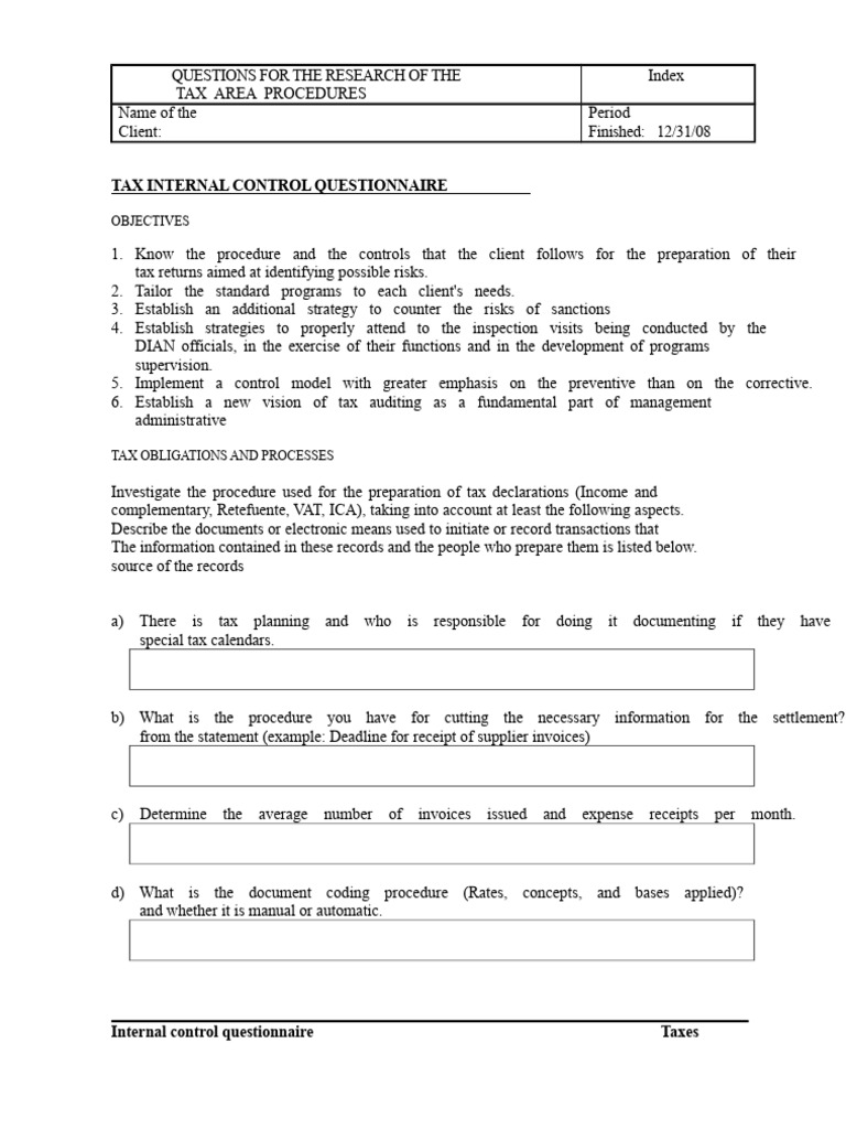 1 - Internal Tax Control Questionnaire | PDF | Value Added Tax | Taxes