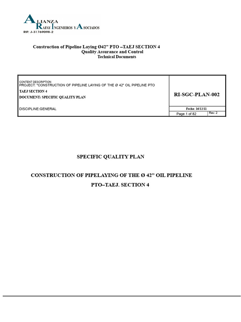 Ø42” Pipeline Quality Plan - TAEJ 4 | PDF | Quality Management System ...