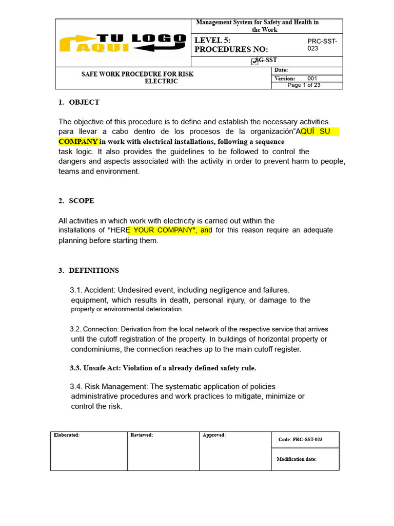 Safe Work Procedure for Electric Risks | PDF | Fuse (Electrical) | Voltage
