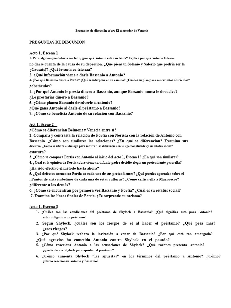 Preguntas de Discusión Sobre El Mercader de Venecia | PDF | El mercader ...
