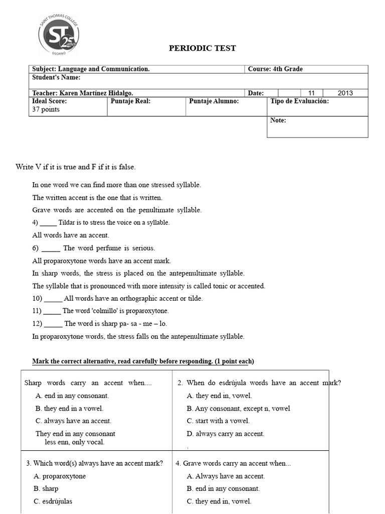 Test For Fourth Grade: Hiatuses and Diphthongs | PDF | Stress ...