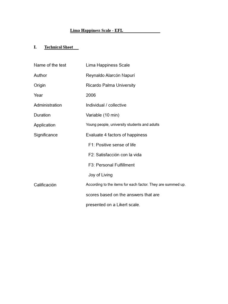 Lima Happiness Scale Overview and Factors | PDF | Happiness | Likert Scale