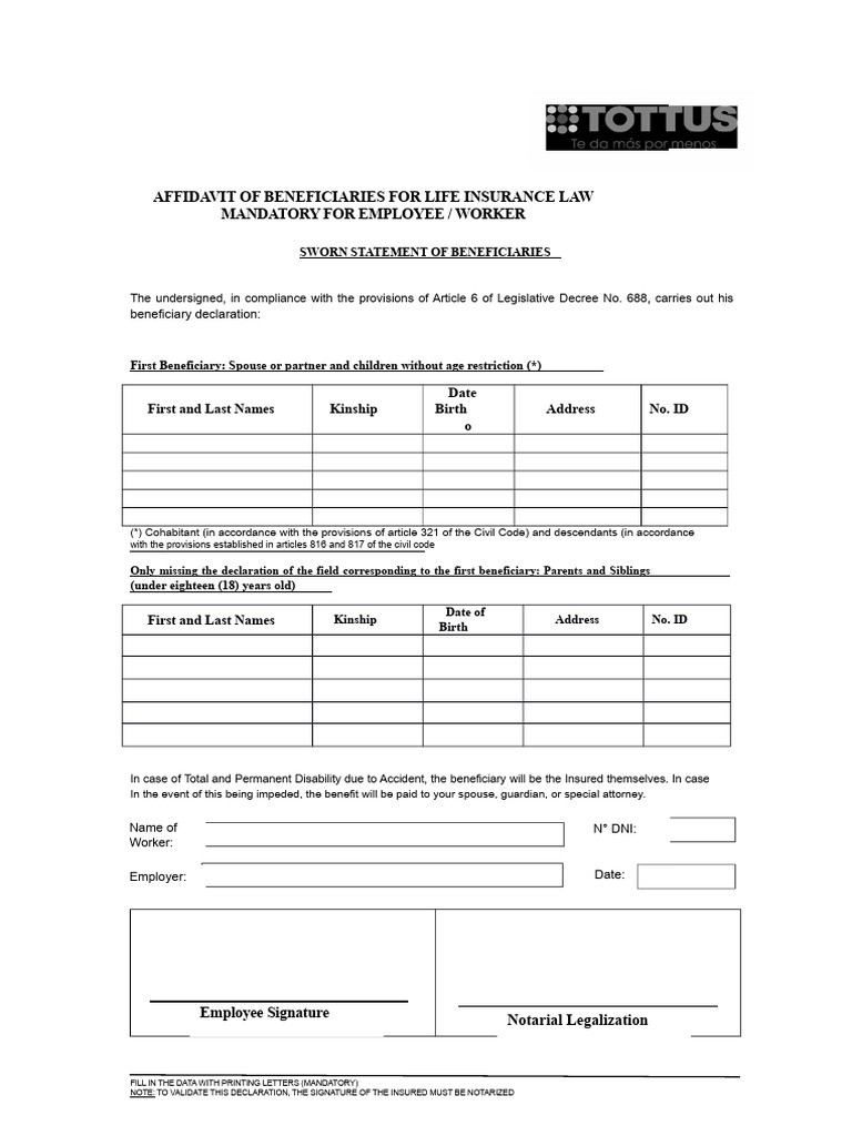 Life Insurance Beneficiary Affidavit Form | PDF