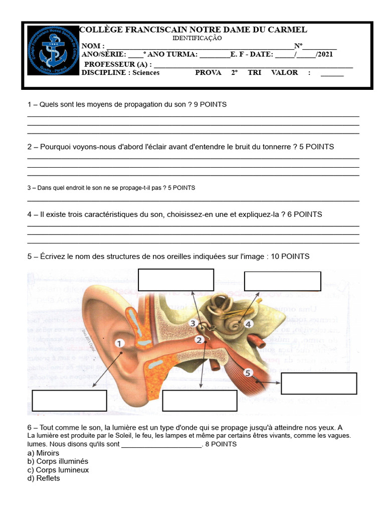 Évaluation de Sciences sur le Son et la Lumière | PDF | Lumière | Lune