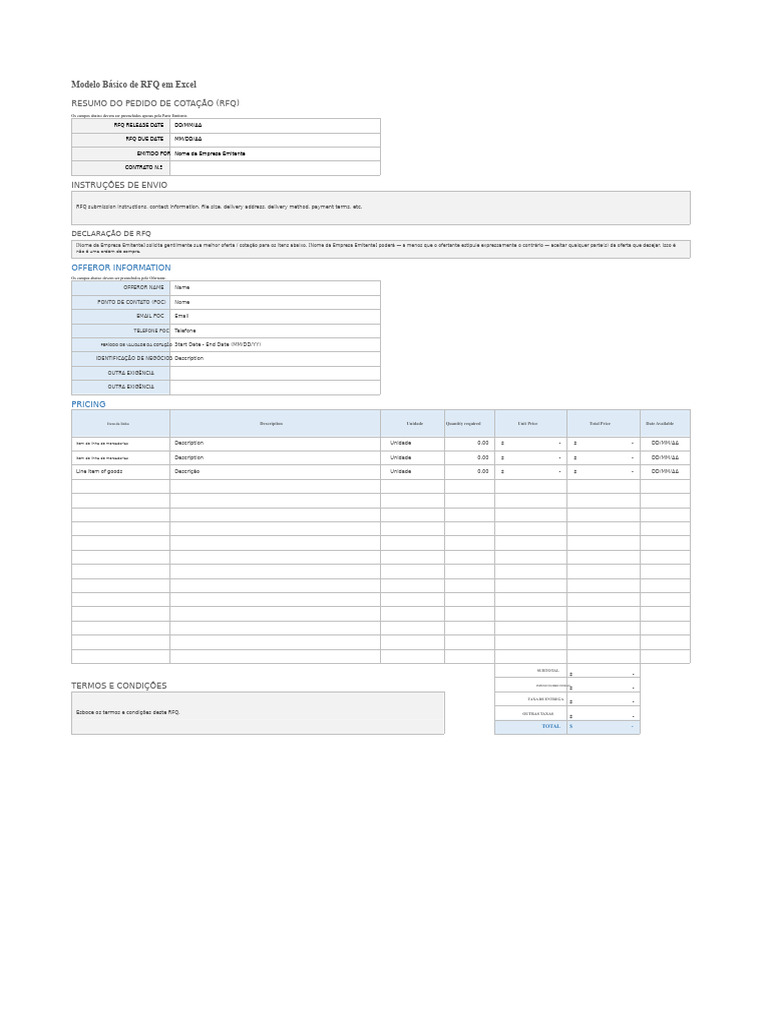 Modelo RFQ em Excel para Cotações | PDF