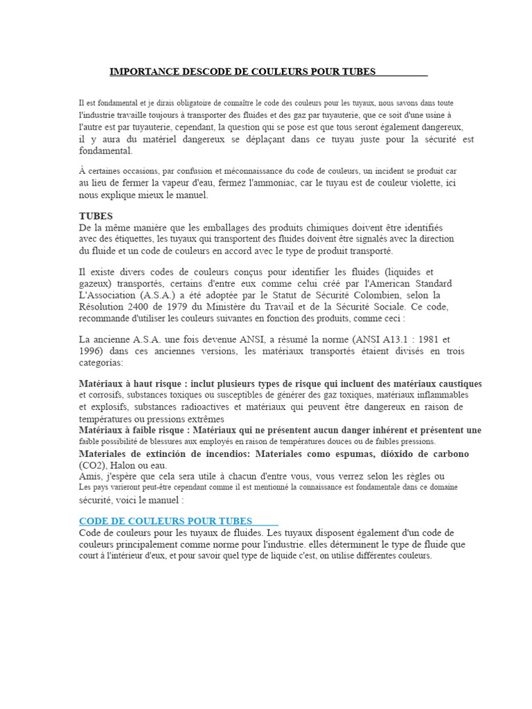 Code de Couleurs pour Tuyaux Industriels | PDF | Tuyau | Matériaux