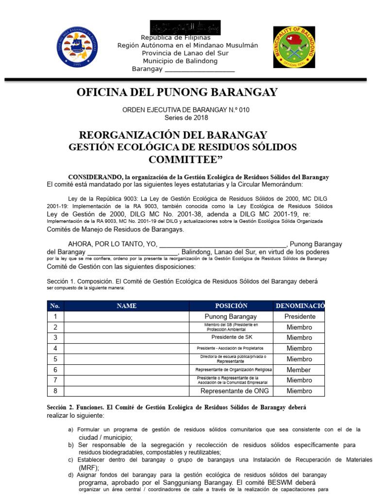 Comité de Gestión Ecológica y de Residuos Sólidos de Barangay (BESWMC ...