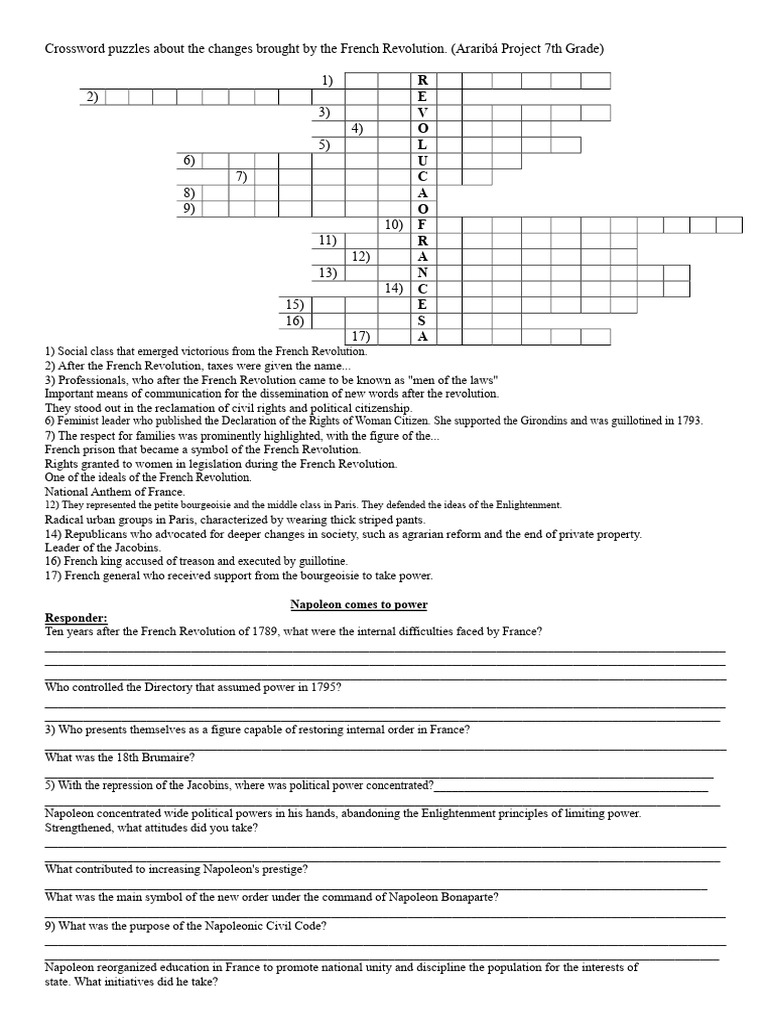 Crossword Puzzle About The Changes Brought by The French Revolution ...