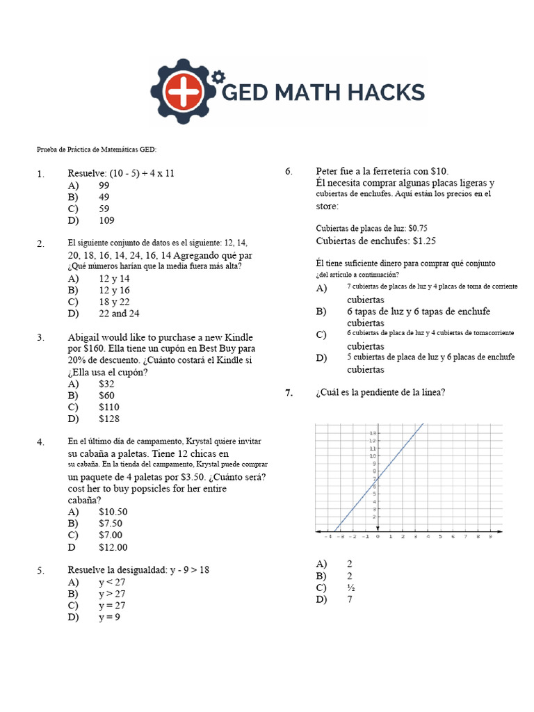 Prueba de Matemáticas GED: Ejercicios y Respuestas | PDF | Matemáticas