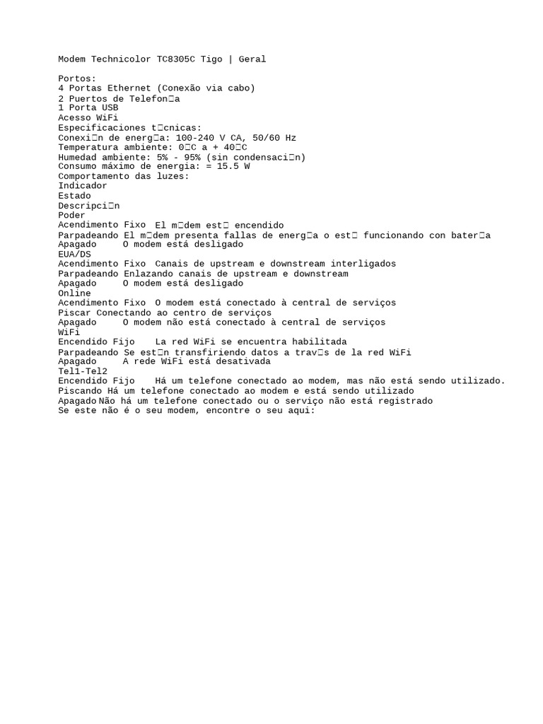 Modem Technicolor TC8305C Tigo Geral | PDF
