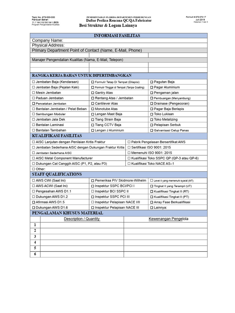 Daftar Periksa Formulir Rencana QC Qa Pembuat 675 070 17 | PDF