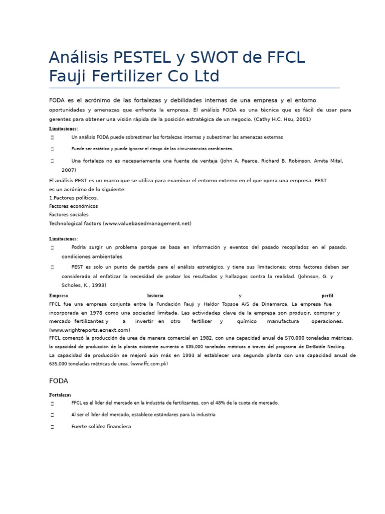 Análisis PESTEL y FODA de FFCL | PDF | Análisis FODA | Agricultura