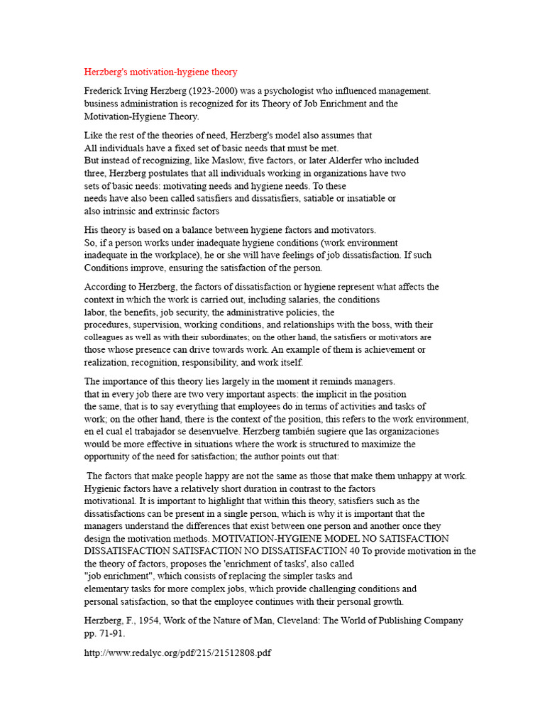 Herzberg's Motivation-Hygiene Theory Explained | PDF | Motivation ...