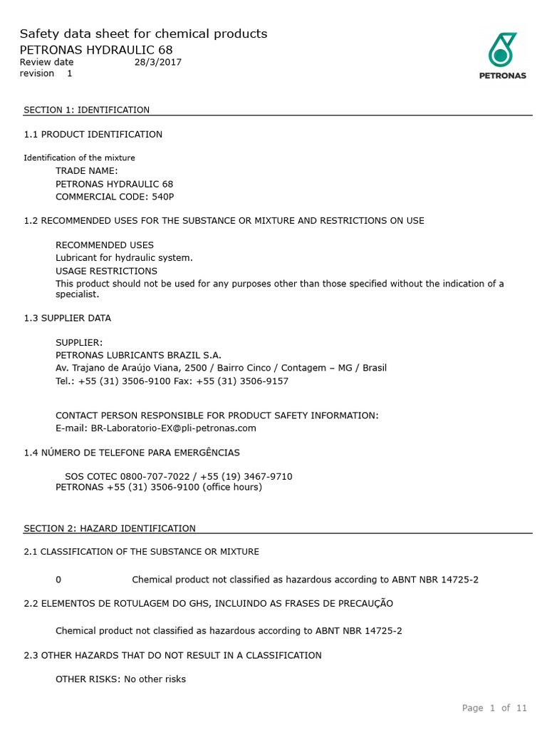 PETRONAS Hydraulic 68 Safety Data Sheet | PDF | Personal Protective ...