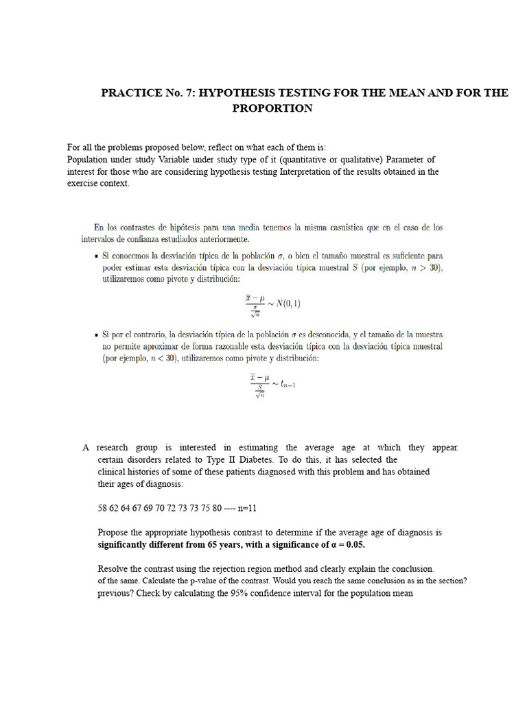 PRACTICE No. 7 HYPOTHESIS TESTING FOR MEAN AND PROPORTION | PDF | P ...