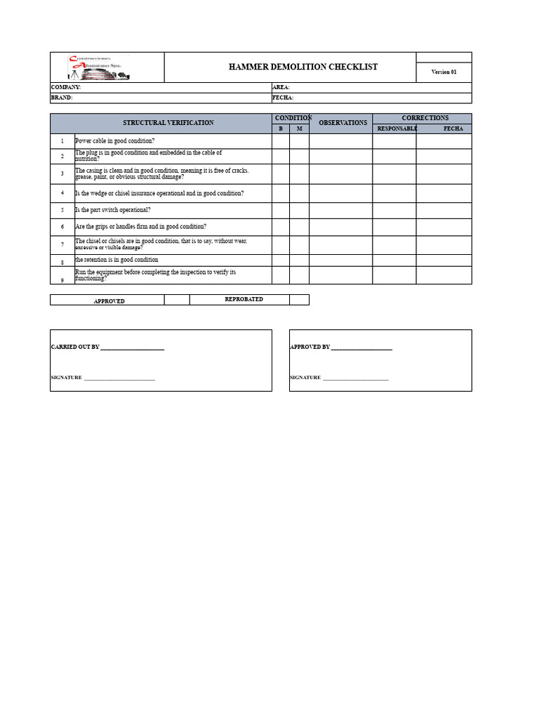 Hammer Demolition Safety Checklist | PDF