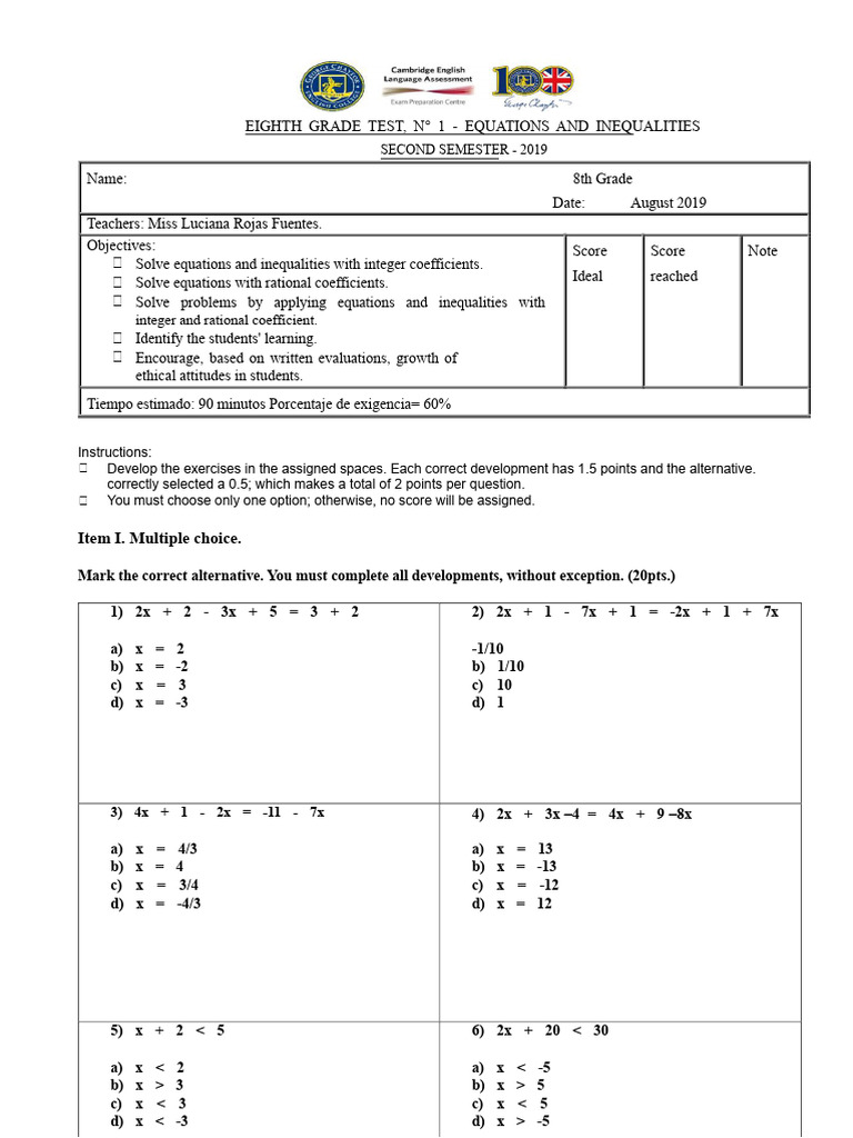 8th Grade Equations & Inequalities Test | PDF | Equations | Mathematics