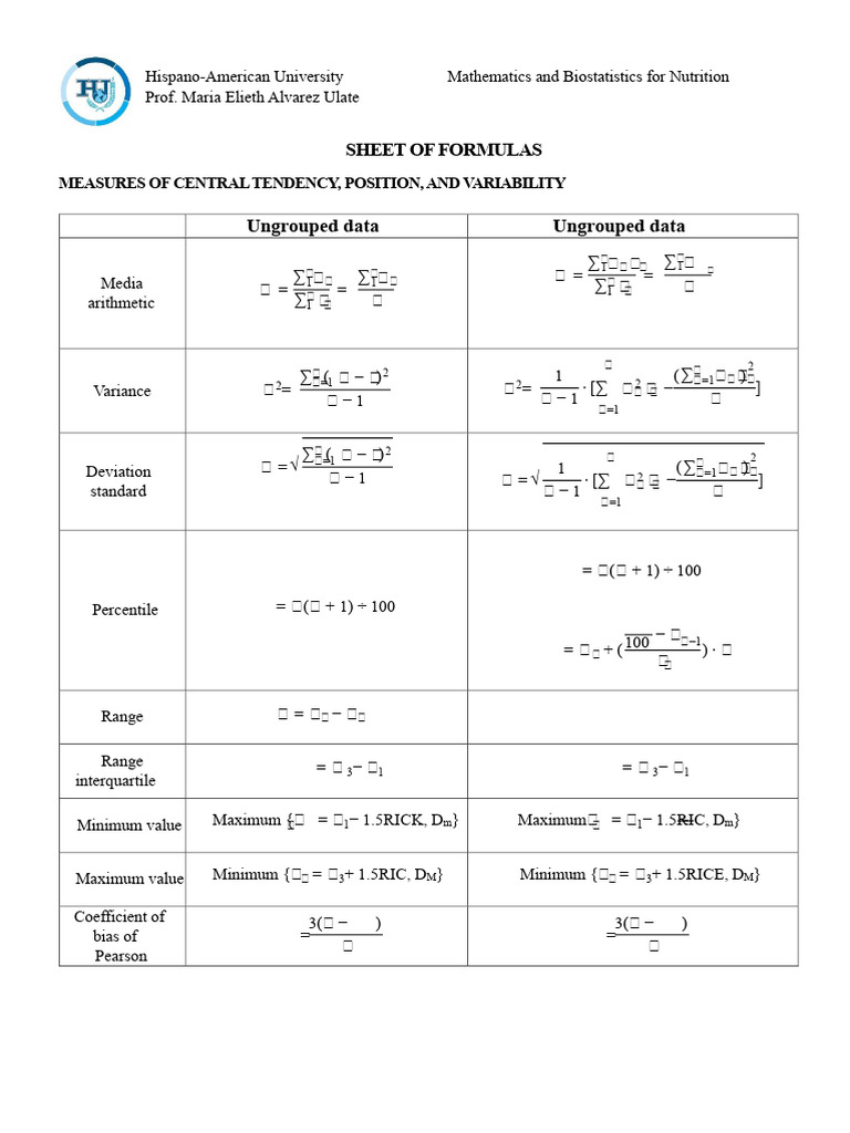 Statistics Course Formula Sheet | PDF | Variance | Statistics