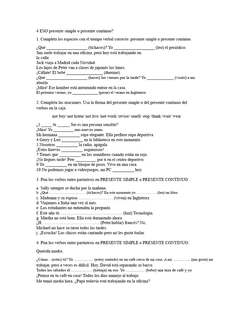4 ESO Presente Simple o Presente Continuo | PDF