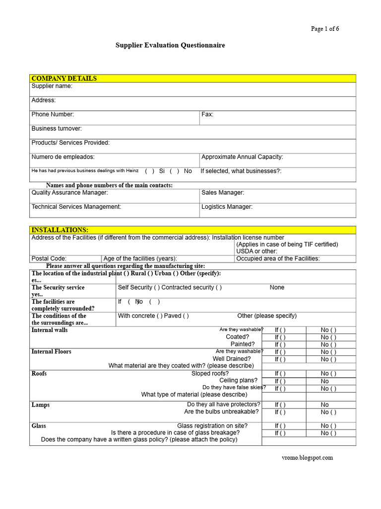 Supplier Evaluation Questionnaire Template | PDF | Quality Management ...