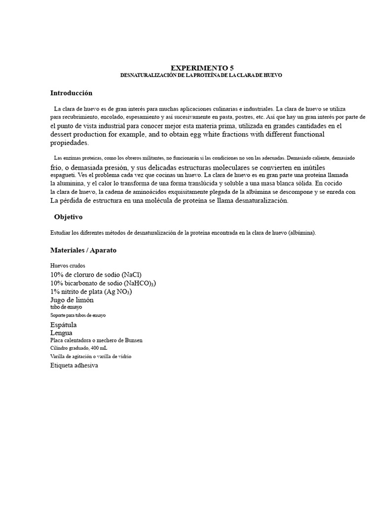 Experimento 5 Química de Alimentos | PDF | Desnaturalización ...