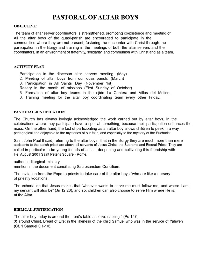 Pastoral of Altar Boys Pastoral Plan | PDF | Eucharist | Altar