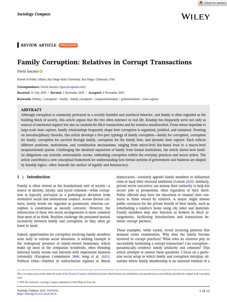 Sociology Compass - 2025 - Jancsics - Family Corruption Relatives in ...