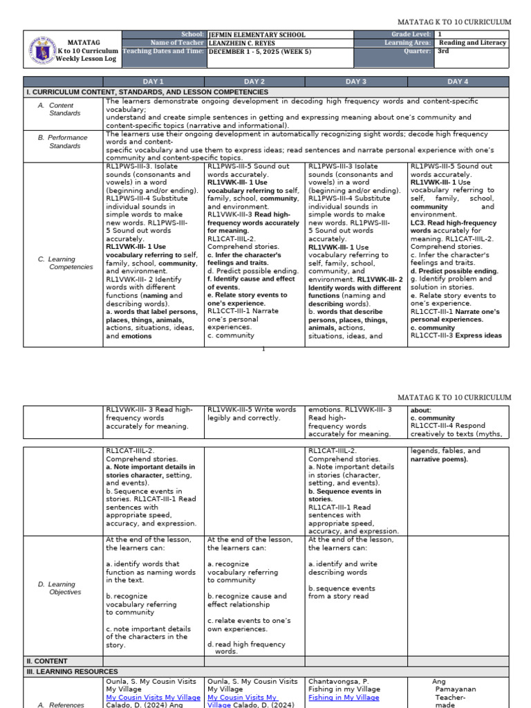 K-10 Weekly Lesson Plan: Reading Skills | PDF | Vocabulary | Word