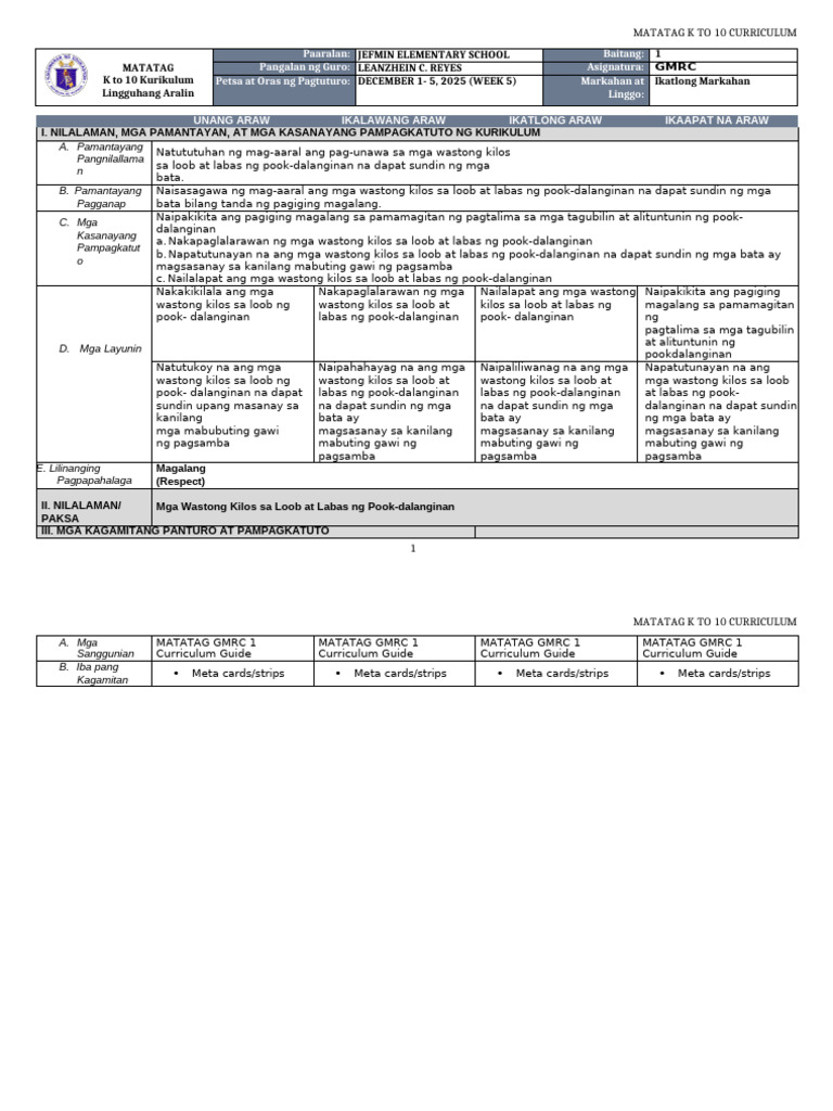 DLL Matatag GMRC 1 q3 w5 | PDF