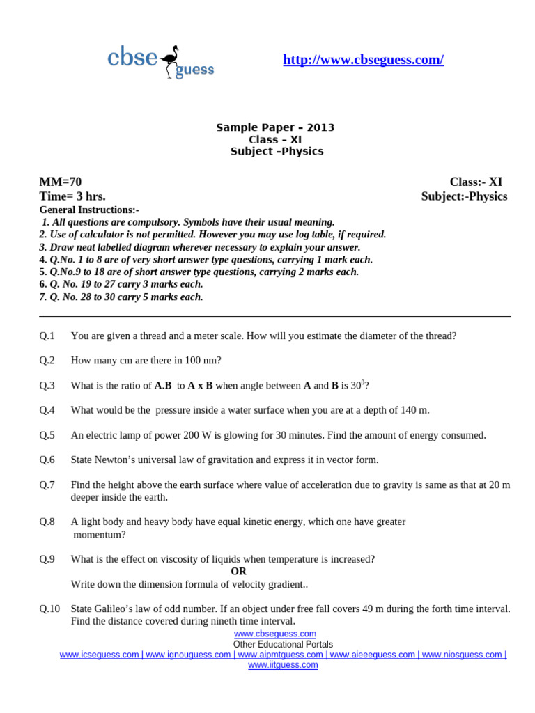 Class XI Physics Sample Paper 2013 | PDF | Acceleration | Force