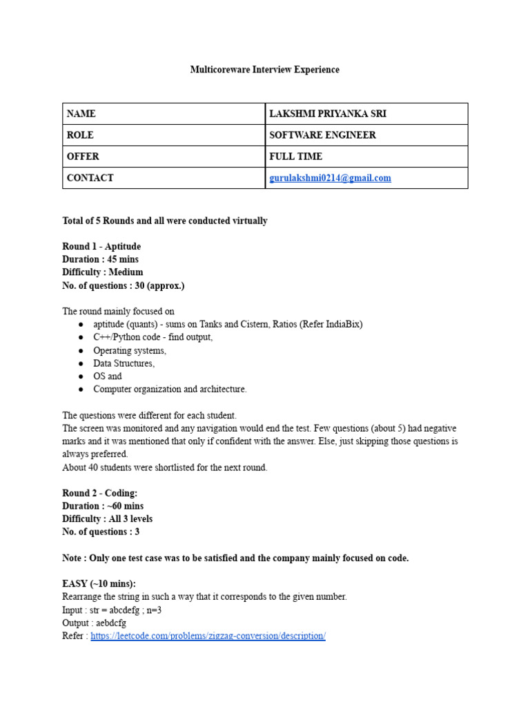 Lakshmi Priyanka - Multicoreware Interview Experience | PDF | Pointer ...