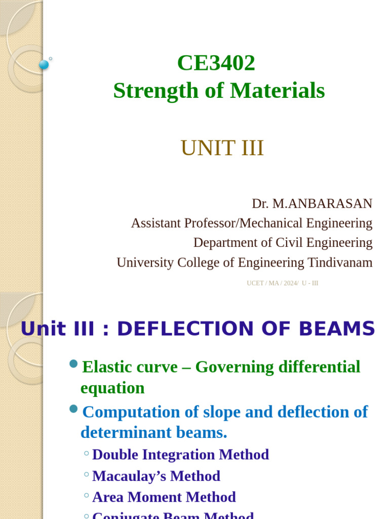 CE3402_Unit 3_deflection of Beams (1) | PDF | Beam (Structure) | Bending