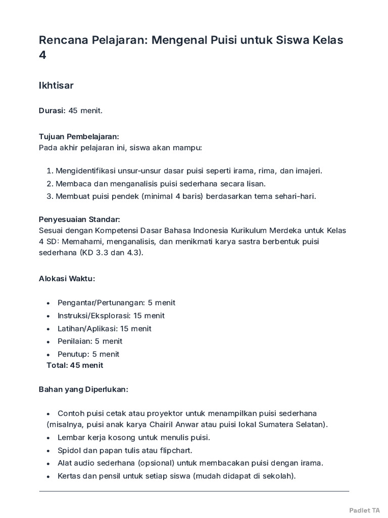 Ta Lesson Plan Rencana Pelajaran Mengenal Puisi Untuk Siswa Kelas 4 | PDF