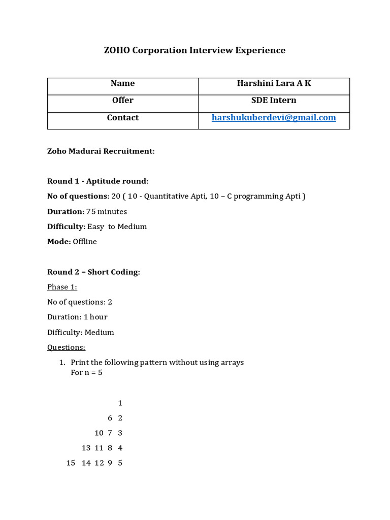 Harshini Lara A K Zoho Interview Experience | PDF | C++ | Support Vector Machine