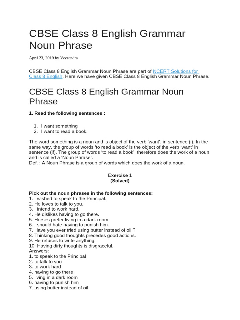 CBSE Class 8 Noun Phrase Guide | PDF | English Grammar | Phrase