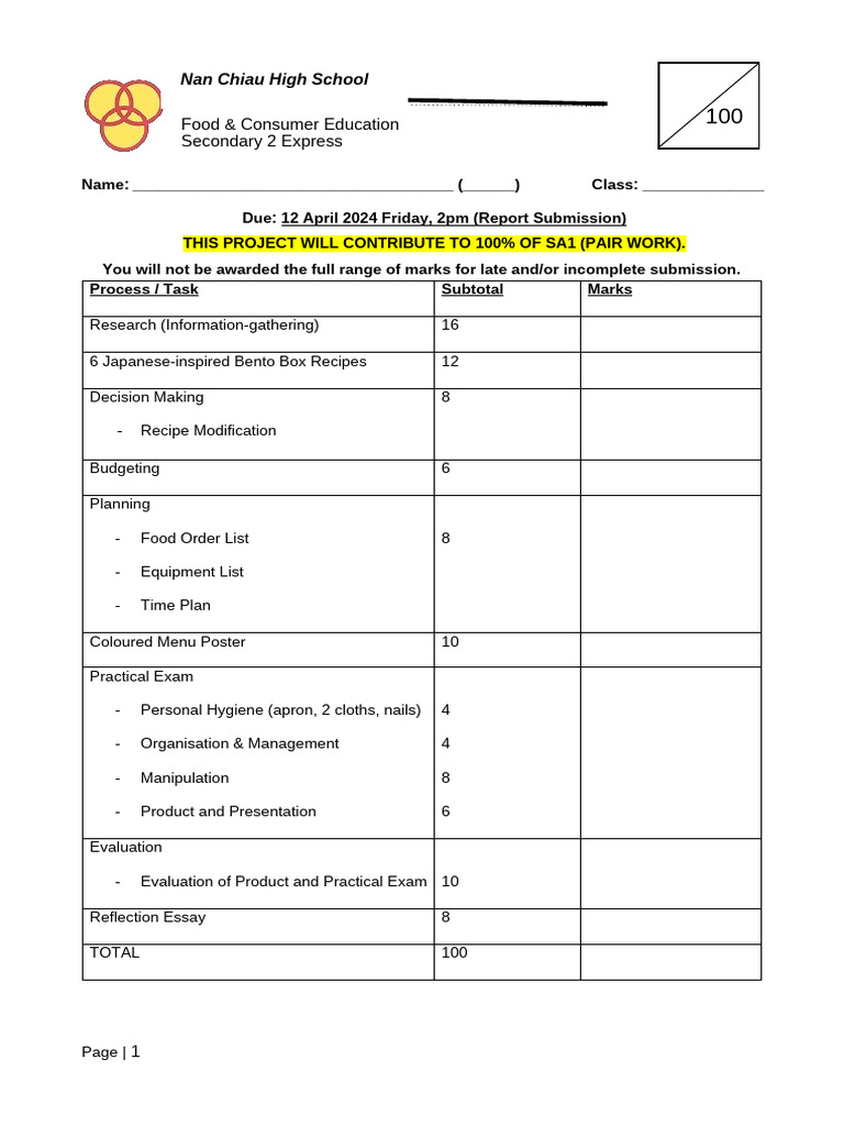 FCE Sec 2 Project 2024 - Name Index No Class | PDF | Cooking | Foods