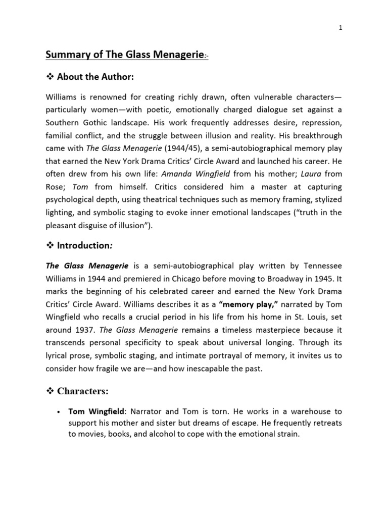 The Glass Menagerie: A Memory Play Analysis | PDF
