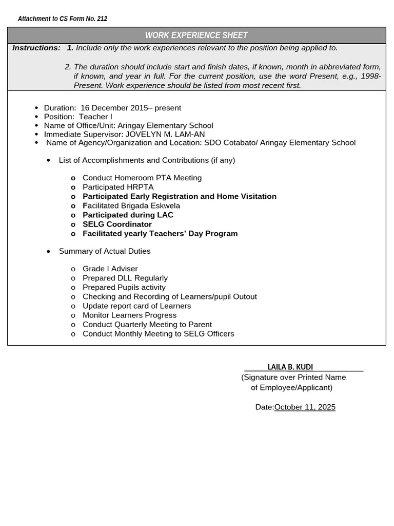 ANNEX H 2 CS Form No. 212 Attachment Work Experience Sheet | PDF
