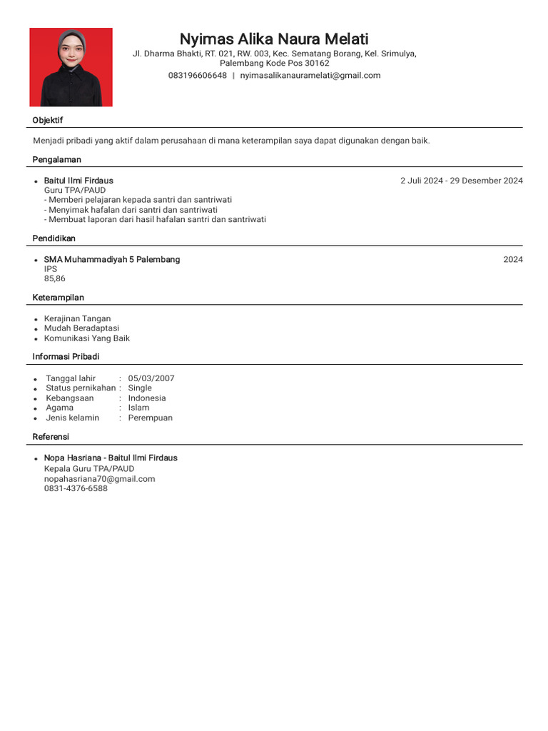 CV Nyimas Alika Naura Melati 2024 | PDF