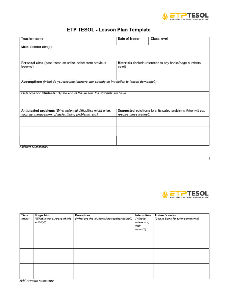 ETP TESOL Lesson Plan Template | PDF
