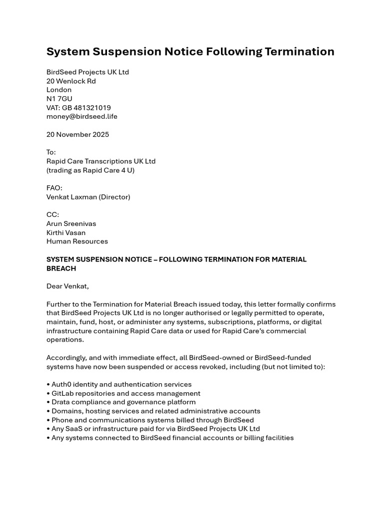 System Suspension Notice Following Termination | PDF
