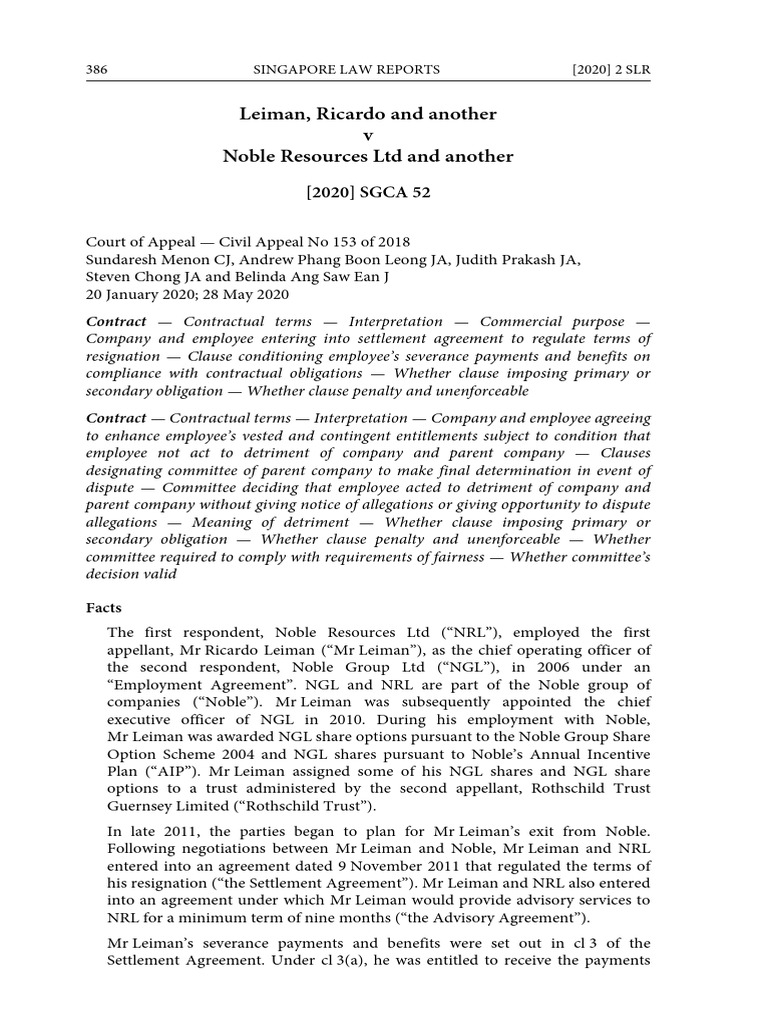 Leiman, Ricardo and Another v Noble Resources Ltd and Another [2020] 2 ...