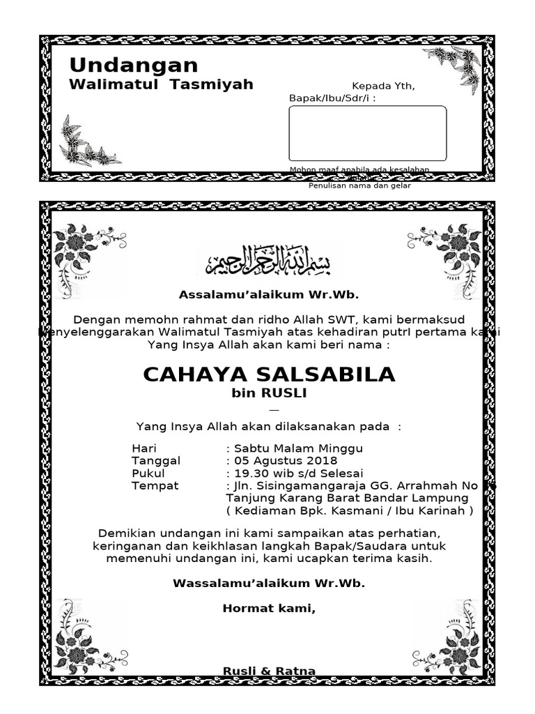 Undangan Walimatul Tasmiyah Cahaya Salsabila | PDF